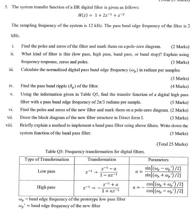 Solved 5. The system transfer function of a IIR digital | Chegg.com