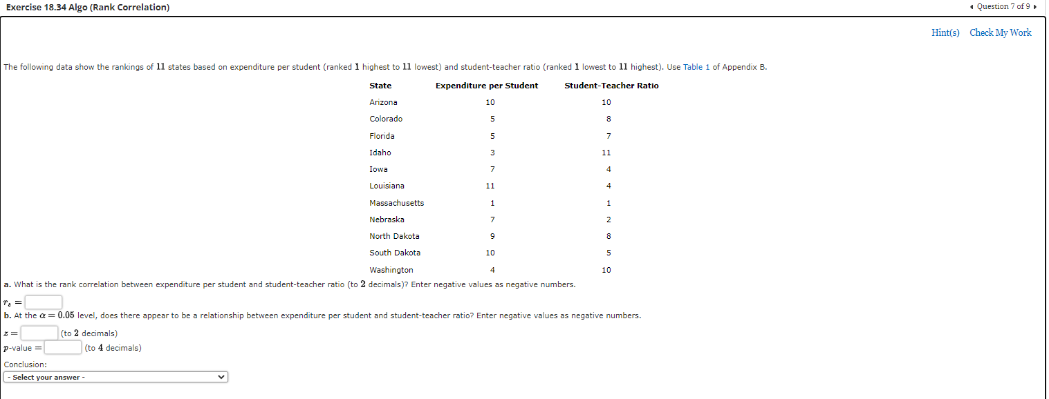 Solved The following data show the rankings of states | Chegg.com