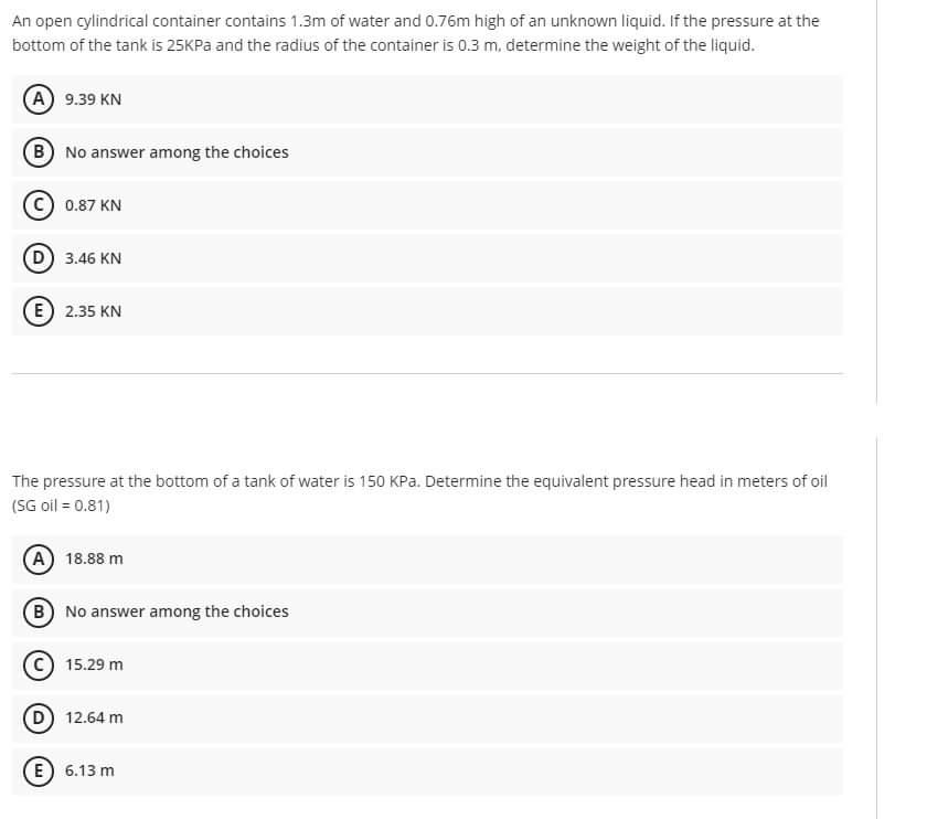 Solved An open cylindrical container contains 1.3m of water | Chegg.com
