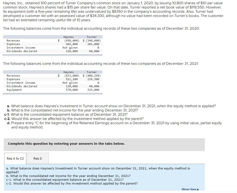 Solved Haynes, Inc., obtained 100 percent of Turner | Chegg.com