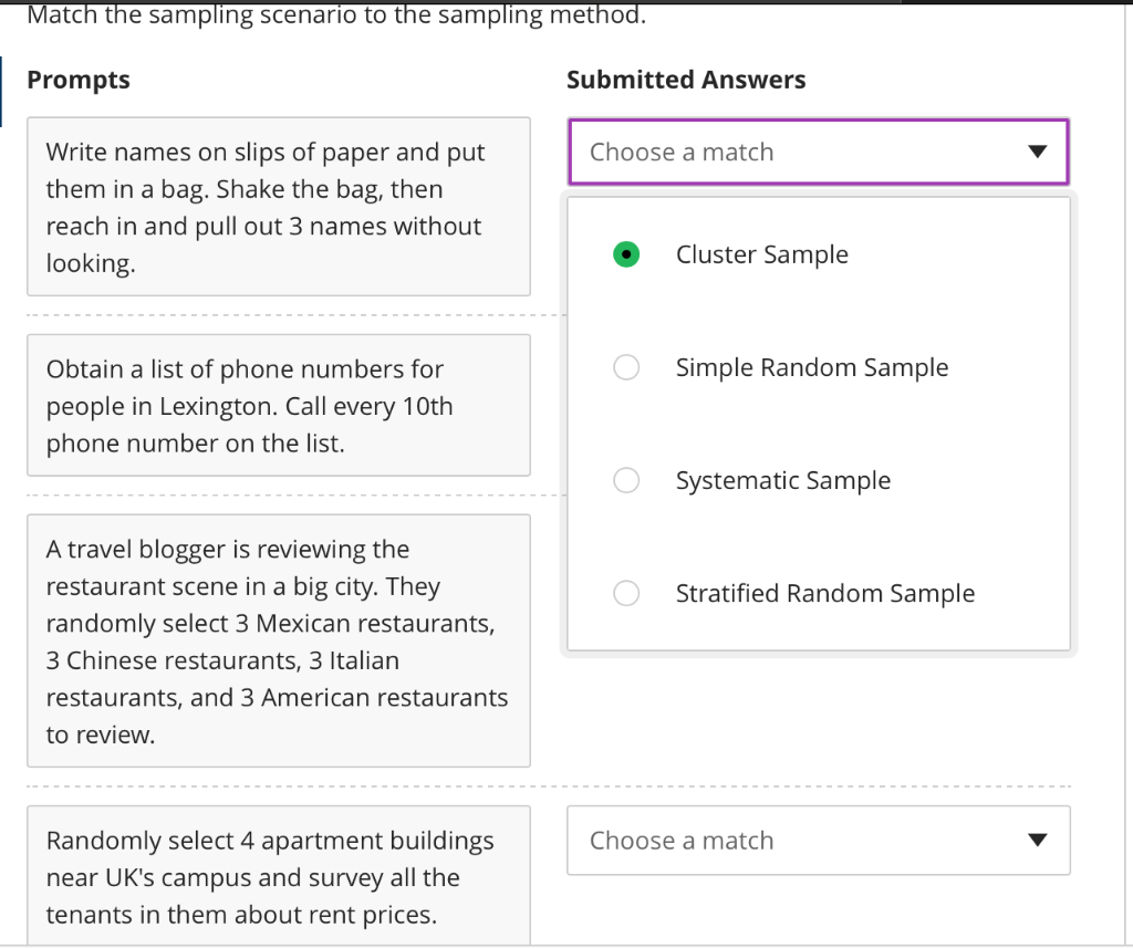 Solved Match the sampling scenario to the sampling method. | Chegg.com