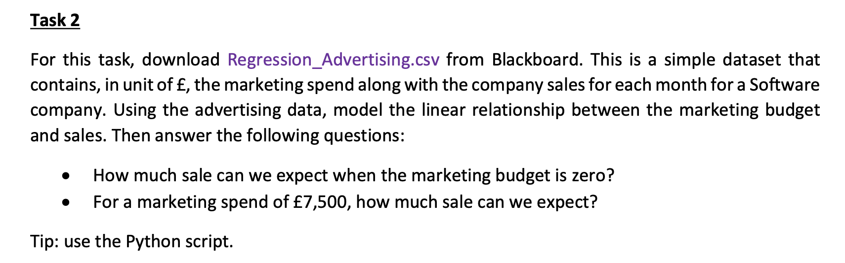 Solved For this task, download Regression_Advertising.csv | Chegg.com