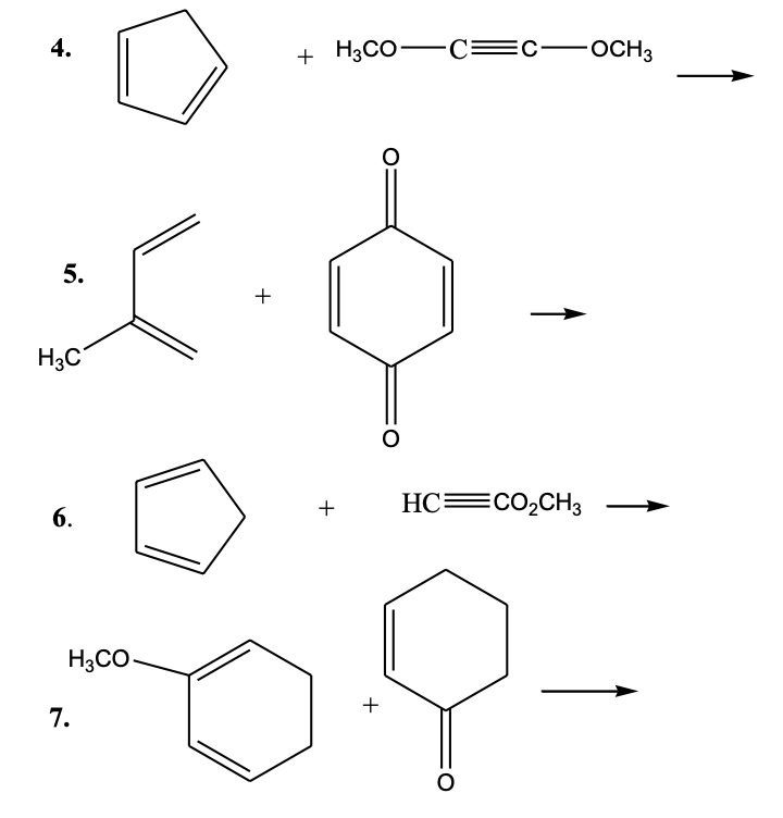 Solved 4. + H3C0—C=C-OCH3 5. + H3C 6. + HC=CO2CH3 H3CO + 7. | Chegg.com