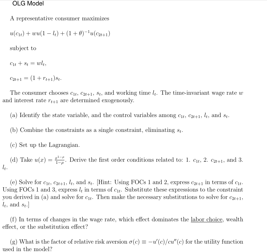 OLG Model A representative consumer maximizes u(cit) | Chegg.com