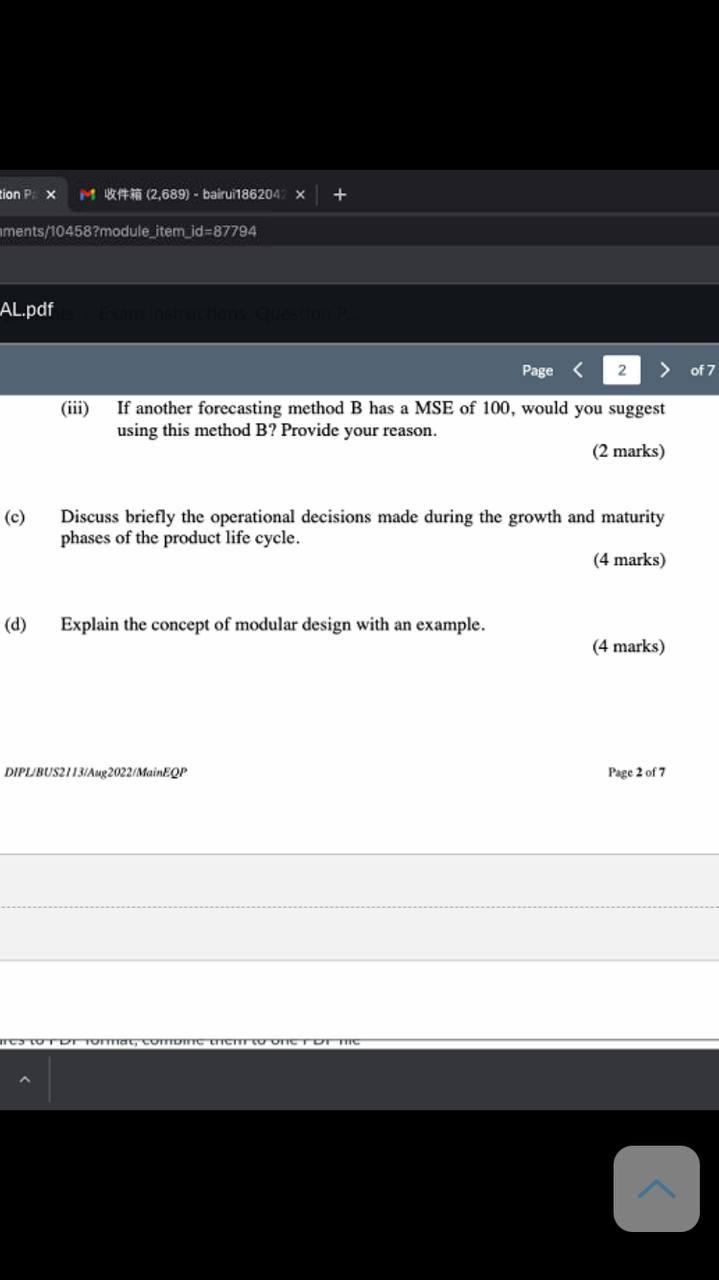 Solved (iii) If another forecasting method B has a MSE of | Chegg.com