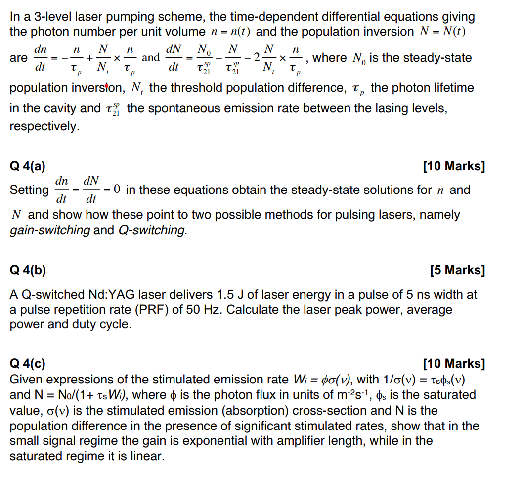 Solved In a 3-level laser pumping scheme, the time-dependent | Chegg.com