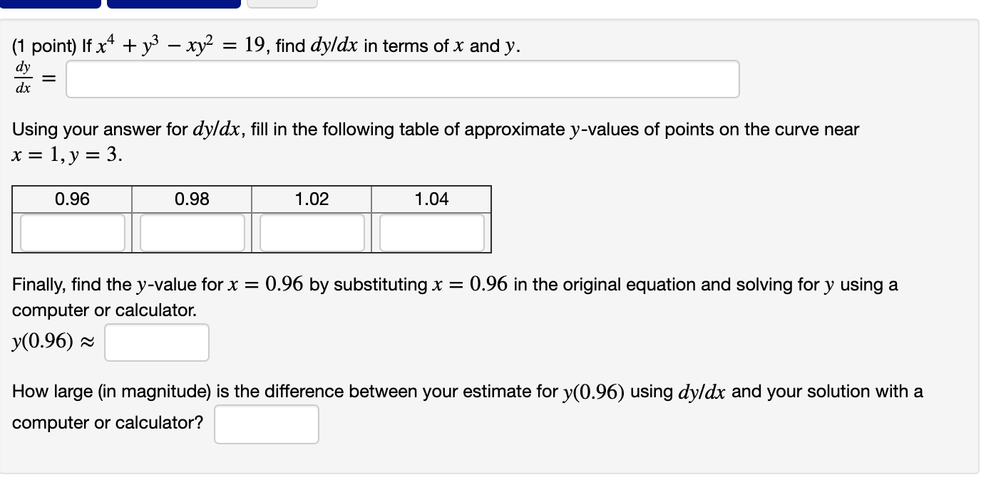 Solved (1 point) If x4 + y3 – xy2 = 19, find dyldx in terms | Chegg.com
