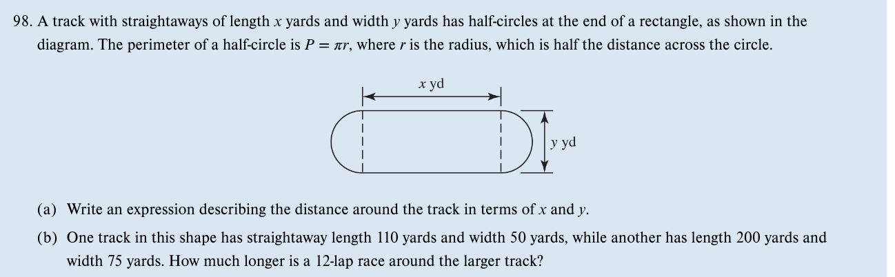 Solved A track with straightaways of length x ﻿yards and | Chegg.com