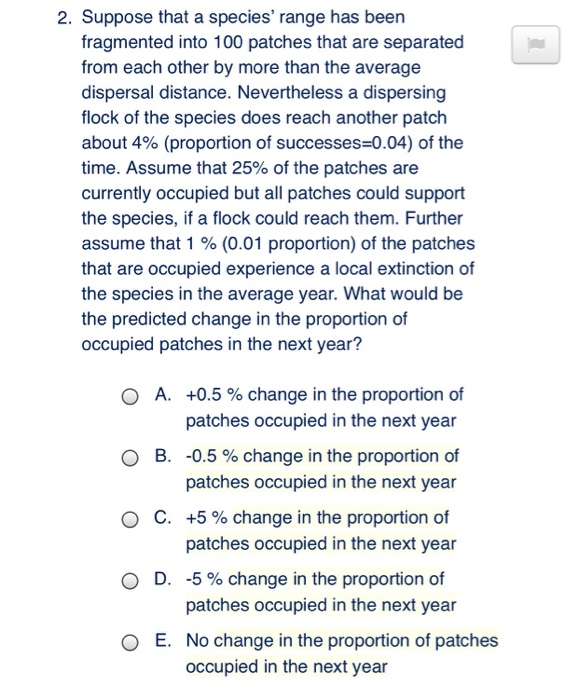 Solved 2. Suppose that a species' range has been fragmented | Chegg.com