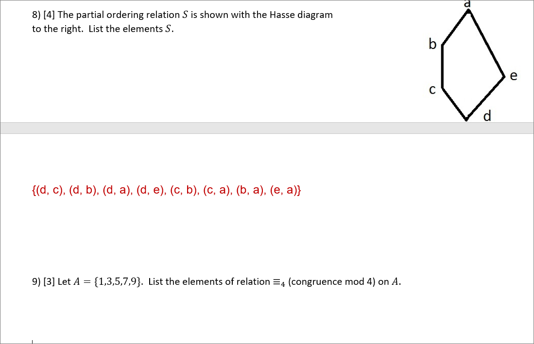 Solved 8) [4] The partial ordering relation S is shown with | Chegg.com