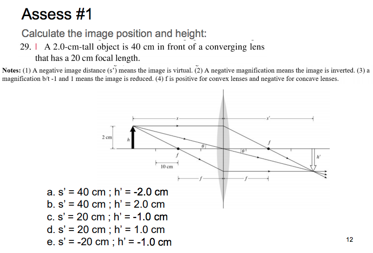 Solved Assess #1 Calculate the image position and height: | Chegg.com