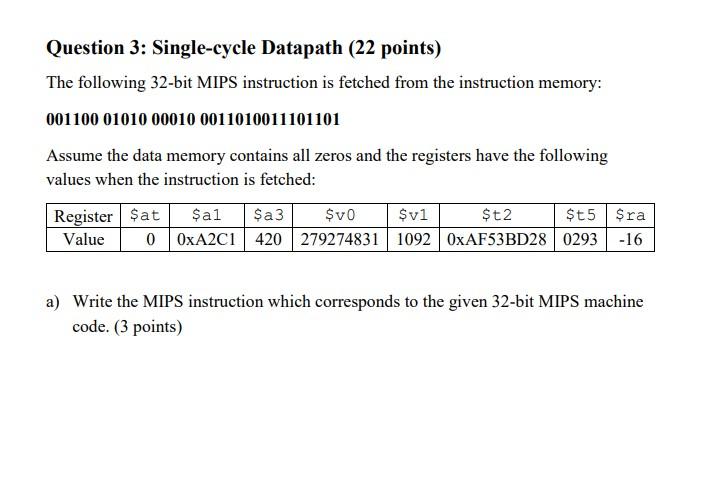 Question 3: Single-cycle Datapath (22 points) The | Chegg.com