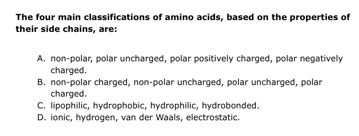 Solved The four main classifications of amino acids, based | Chegg.com