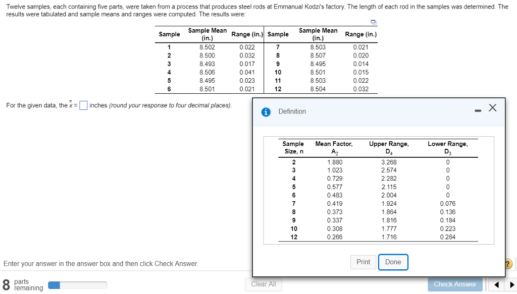 Solved Twelve samples, each containing five parts, were | Chegg.com