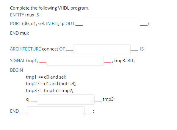 Solved Complete the following VHDL program. ENTITY mux IS | Chegg.com