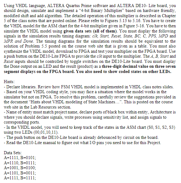 Using VHDL language, ALTERA Quartus Prime software | Chegg.com