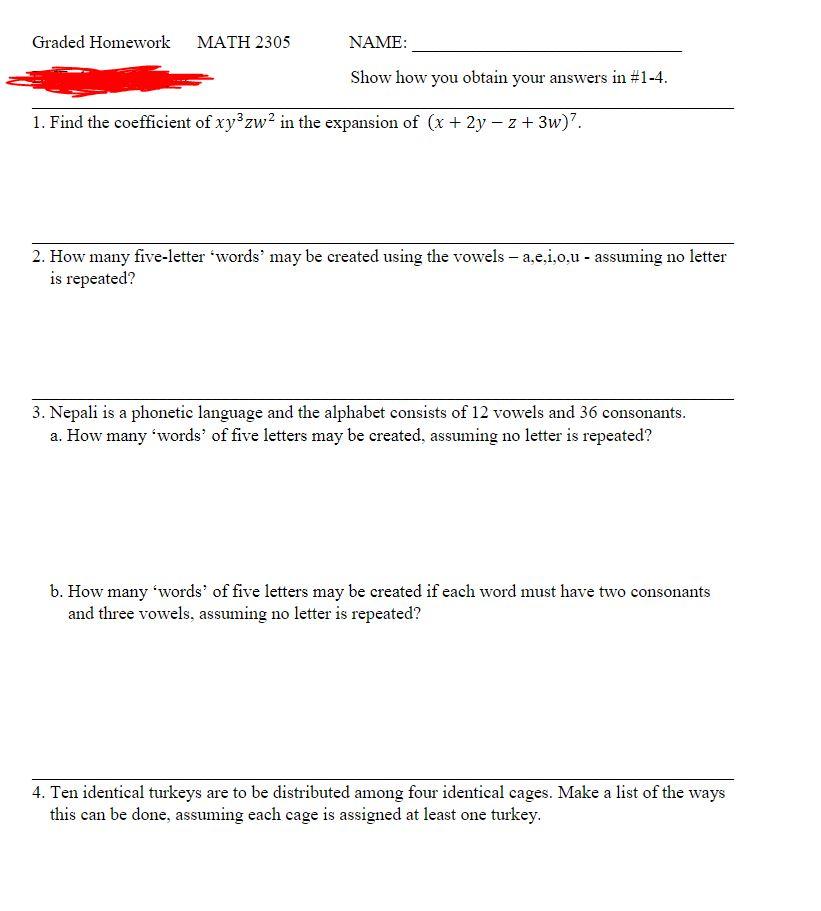 Solved Graded Homework MATH 2305 NAME: Show how you obtain | Chegg.com