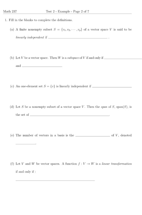 Solved Math 237 Test 2-Example-Page 2 of 7 1. Fill in the | Chegg.com
