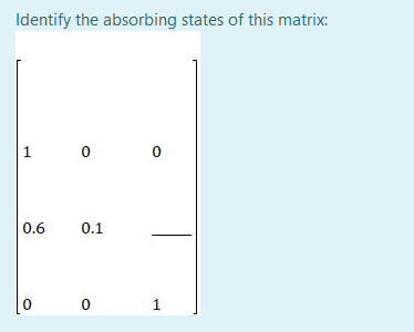 Solved Identify the absorbing states of this matrix: 1 0 0 | Chegg.com