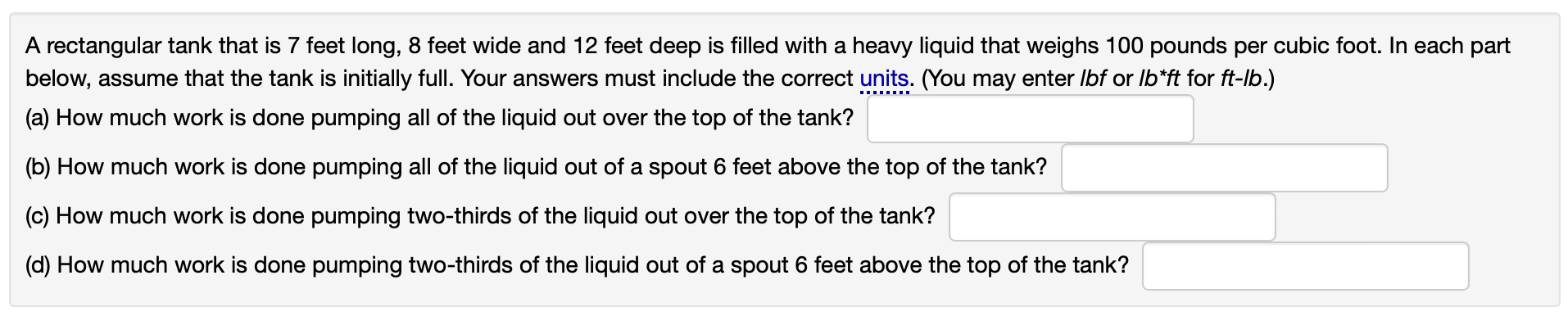 Solved A rectangular tank that is 7 ﻿feet long, 8 ﻿feet wide | Chegg.com