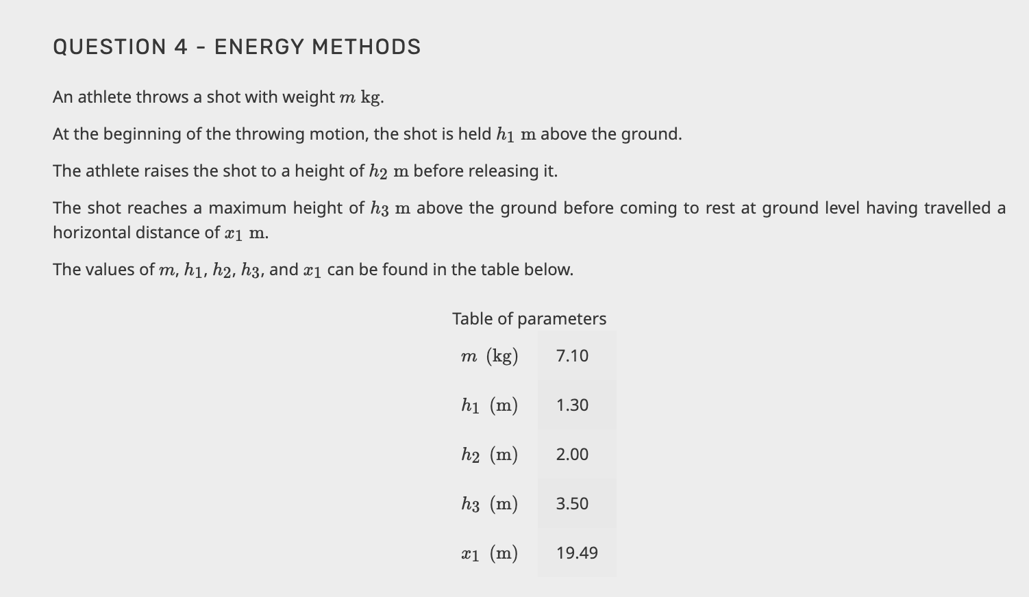Solved QUESTION 4 - ENERGY METHODS An athlete throws a shot | Chegg.com