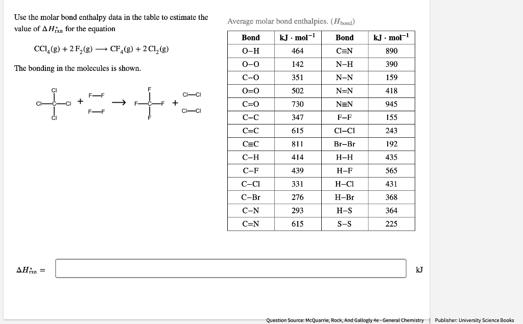 Solved Use the molar bond enthalpy data in the table to | Chegg.com