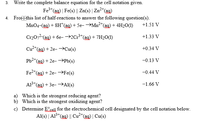 Solved 3. Write the complete balance equation for the cell | Chegg.com