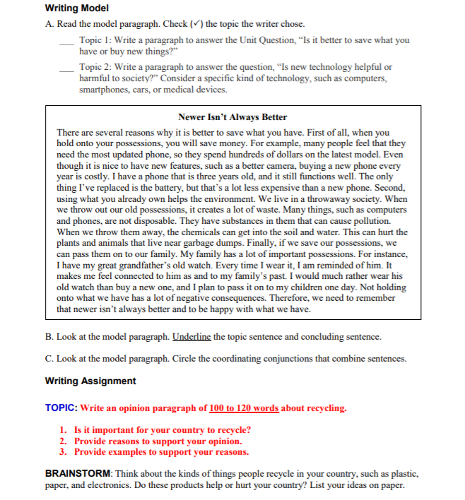 Solved Writing Model A. Read the model paragraph. Check () | Chegg.com