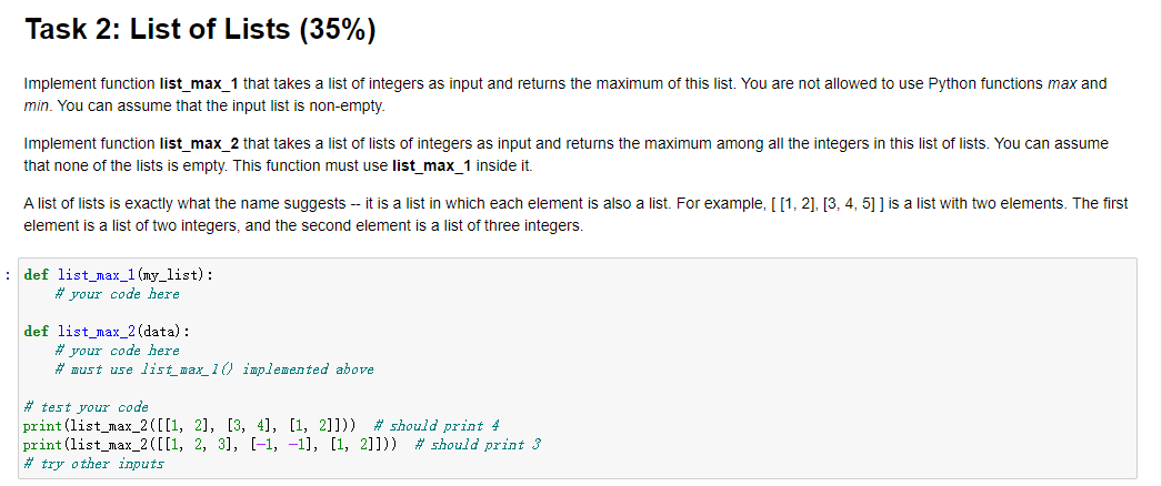 Solved Task 2: List of Lists (35%) Implement function | Chegg.com
