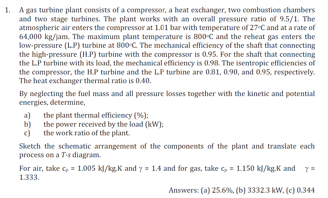 Solved 1. A gas turbine plant consists of a compressor, a | Chegg.com