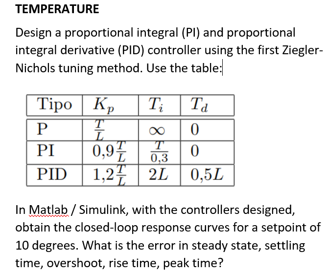 TEMPERATURE Design a proportional integral (Pl) and | Chegg.com