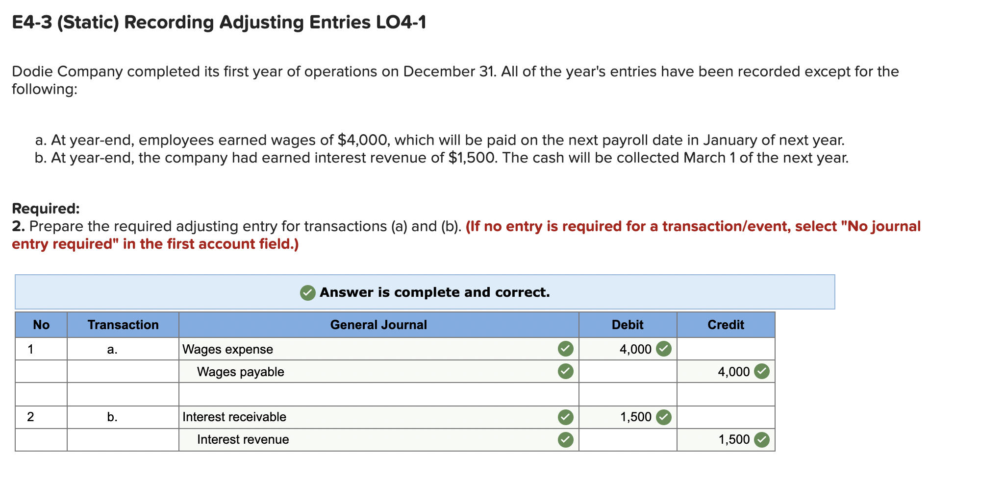 Solved E4-3 (Static) Recording Adjusting Entries LO4-1 Dodie | Chegg.com