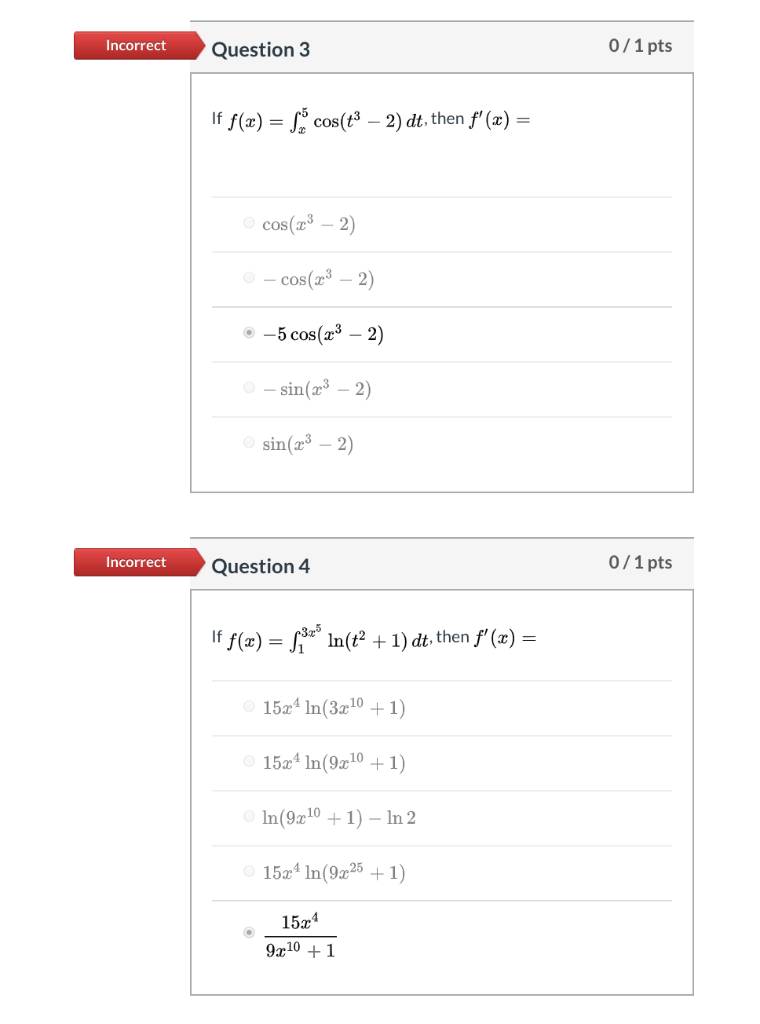 Solved 0/1 pts Incorrect Question3 If f(x)cos(t - 2) dt. | Chegg.com Solved 0/1 pts Incorrect Question3 If f(x)cos(t - 2) dt. | Chegg.com