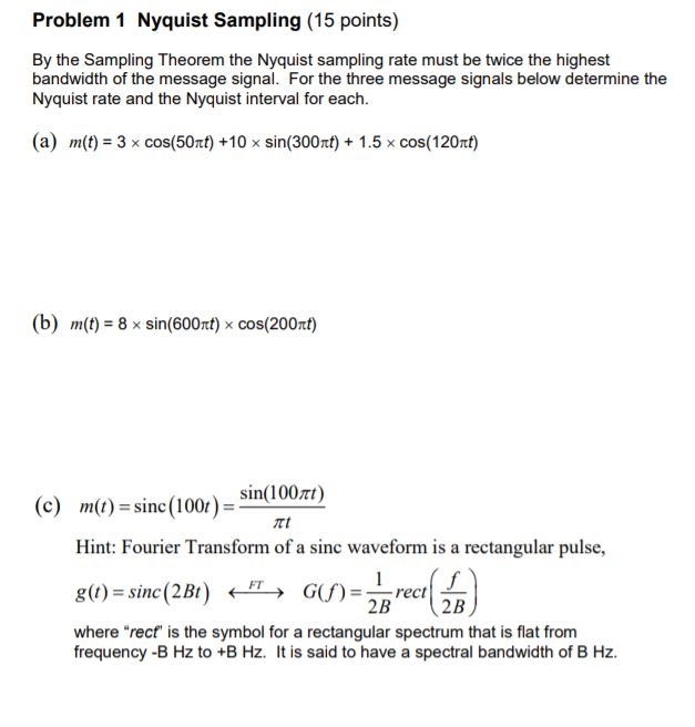Solved Problem 1 Nyquist Sampling (15 points) By the | Chegg.com