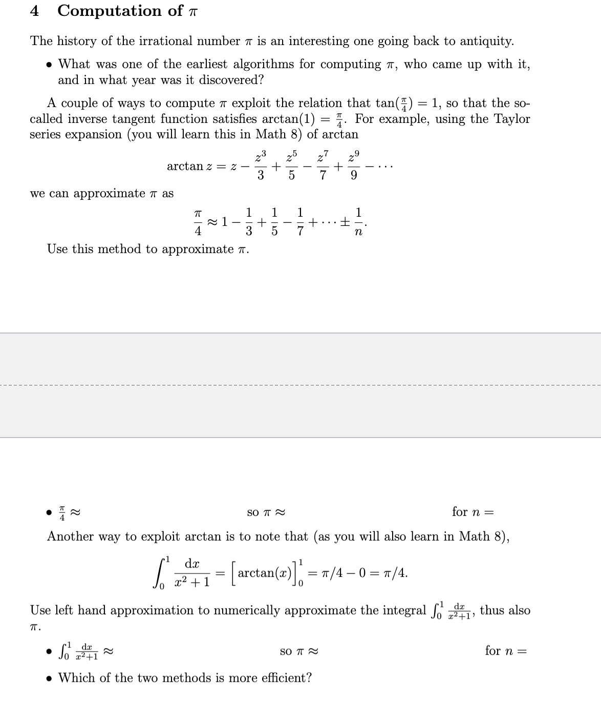 Solved 4 Computation of π The history of the irrational | Chegg.com