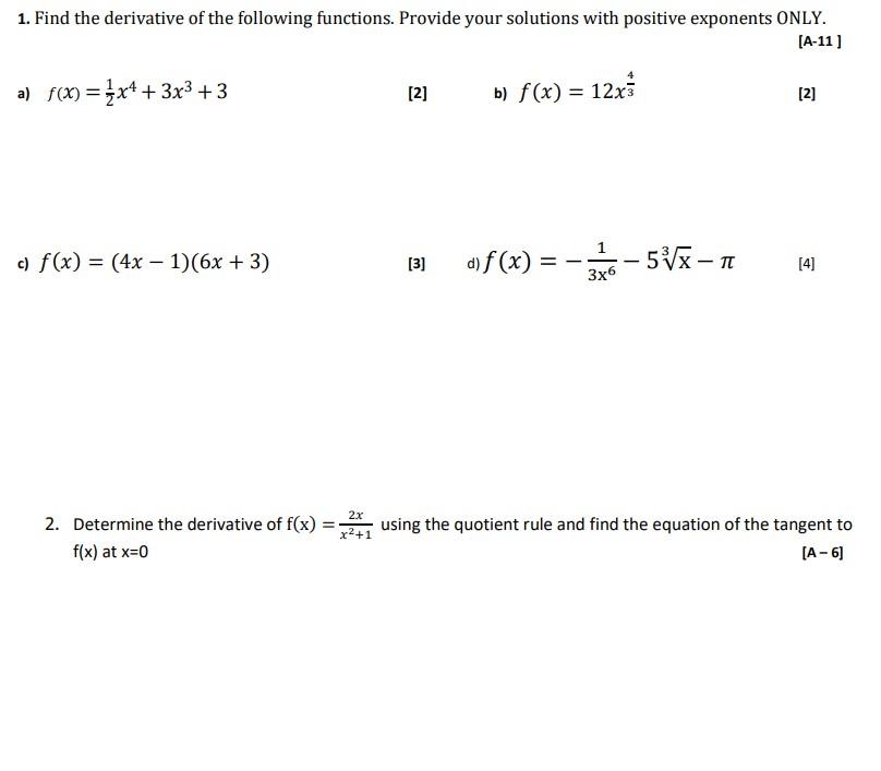 Solved 1. Find the derivative of the following functions. | Chegg.com