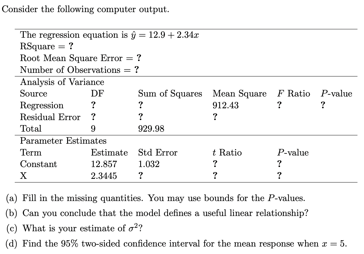 Solved Consider the following computer output. - The | Chegg.com