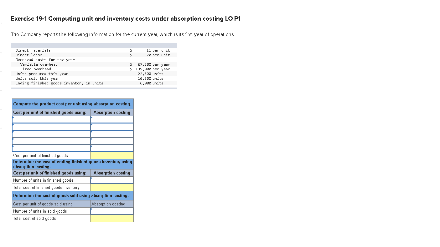 Solved Exercise 19-1 Computing unit and inventory costs | Chegg.com Solved Exercise 19-1 Computing unit and inventory costs | Chegg.com
