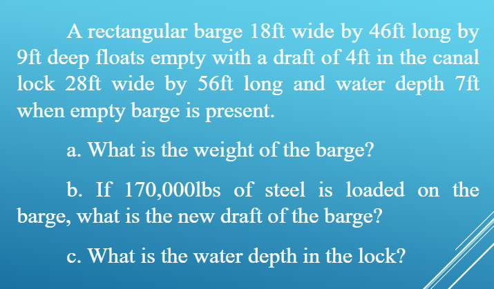 Solved A rectangular barge 18ft wide by 46ft long by9ft deep | Chegg.com