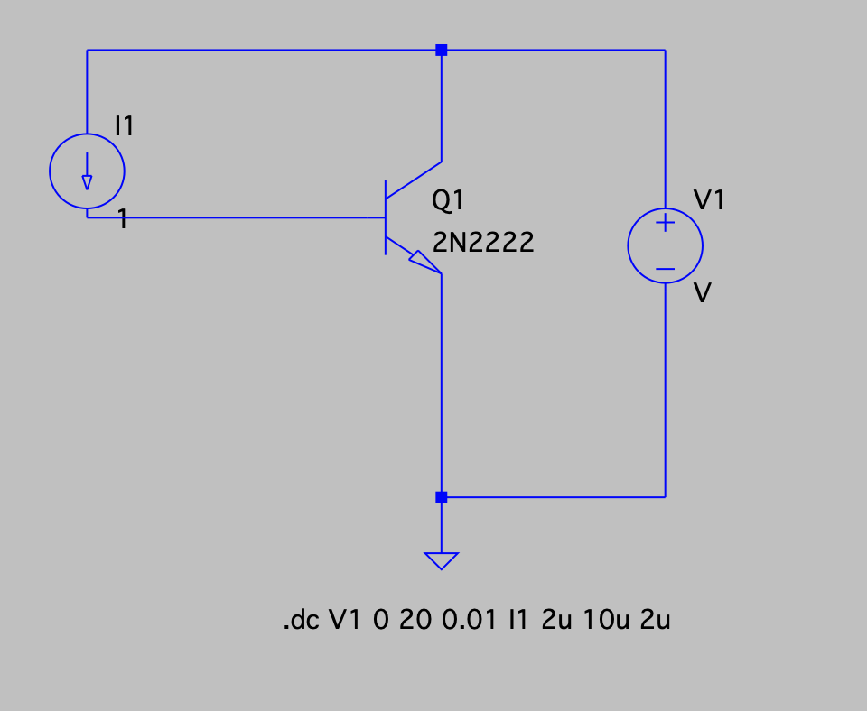 Solved 11 V1 Q1 2N2222 + - V .dc V1 0 20 0.01 11 2u 10u 2u | Chegg.com