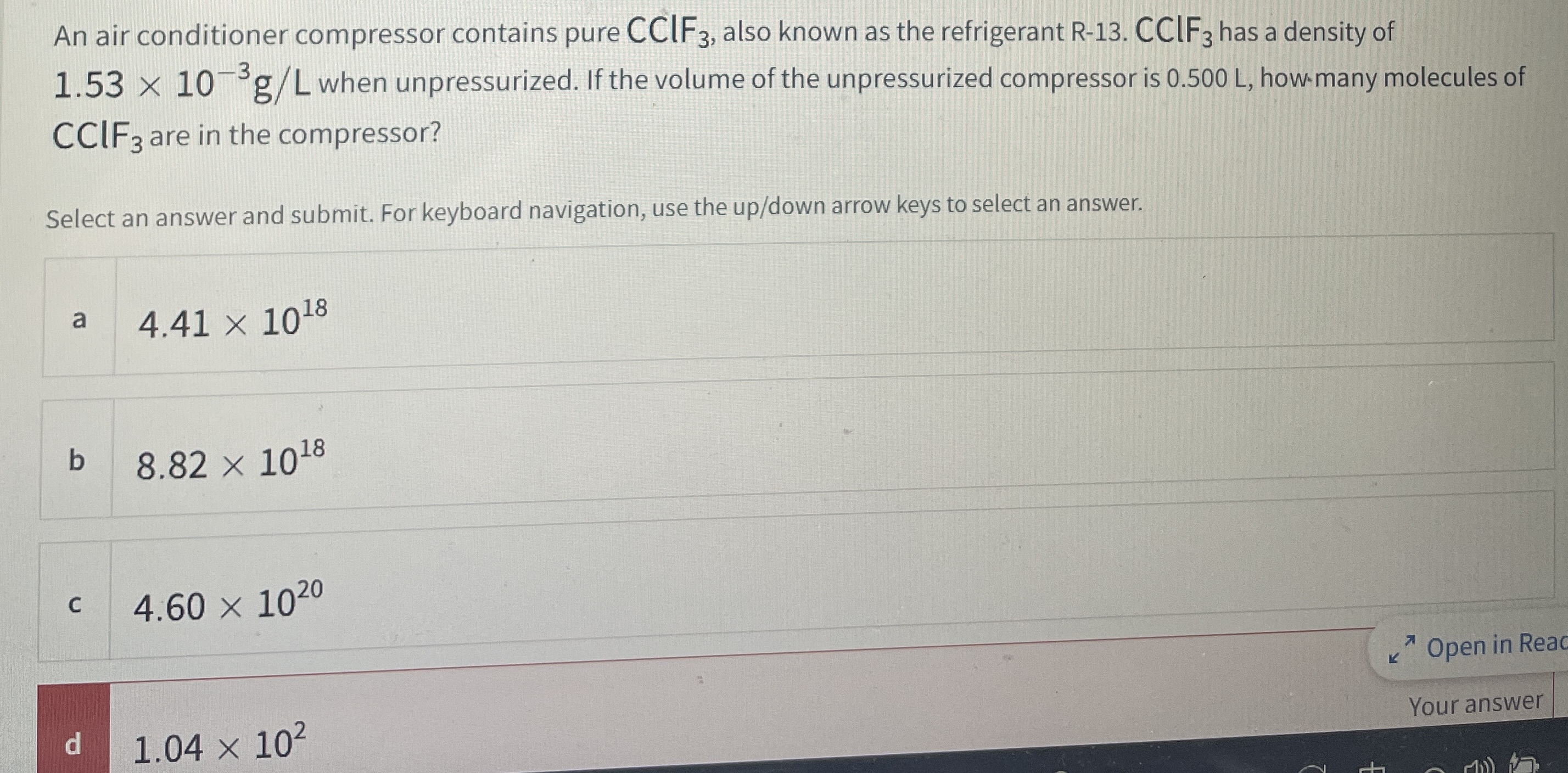 Solved An air conditioner compressor contains pure CClF3, | Chegg.com