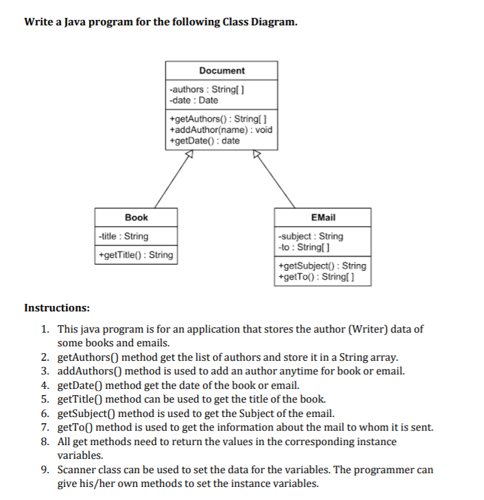Solved Write a Java program for the following Class Diagram. | Chegg.com