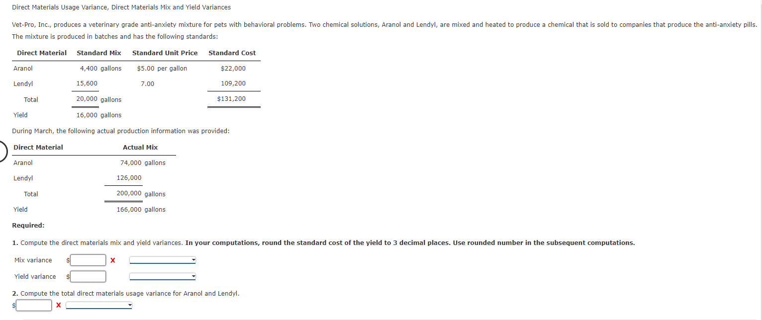 Solved Direct Materials Usage Variance, Direct Materials Mix | Chegg.com