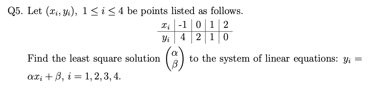 Solved Q5. Let (xi,yi),1≤i≤4 be points listed as follows. | Chegg.com