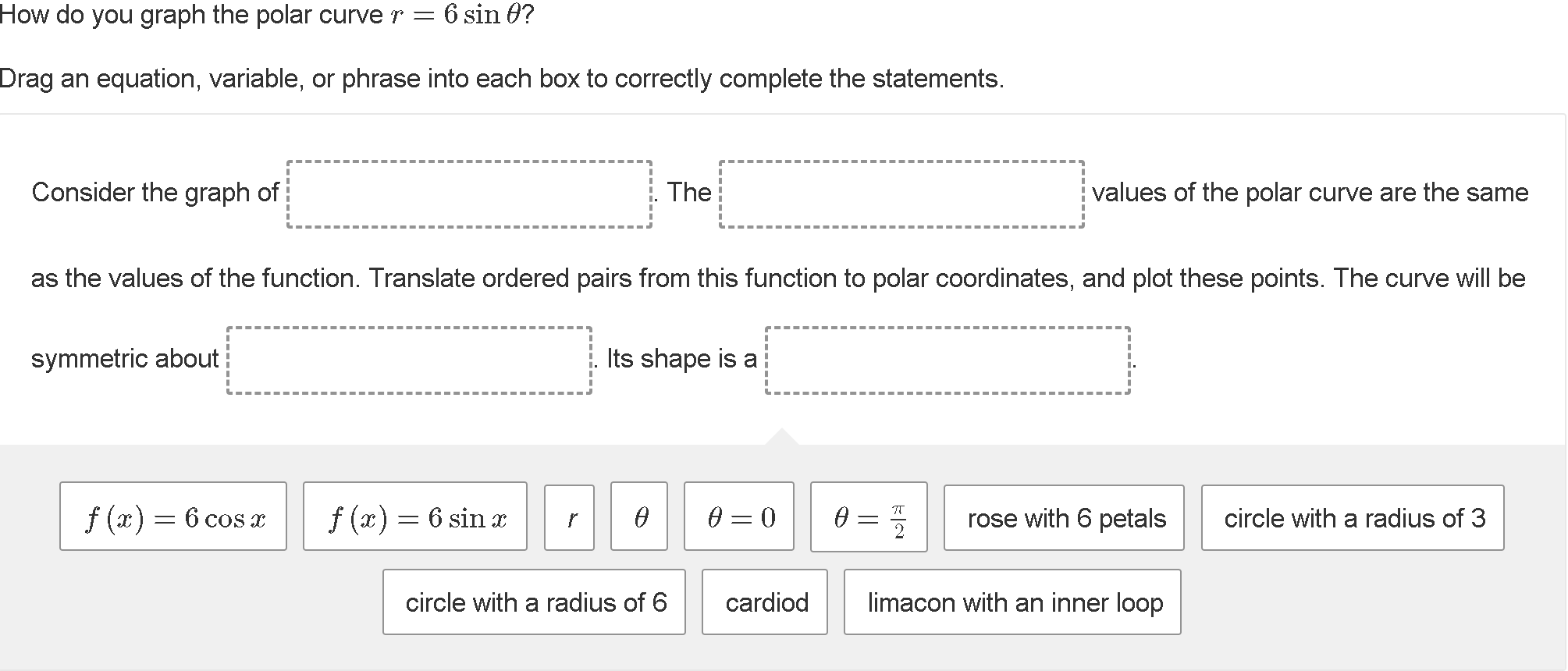 Solved How do you graph the polar curve r = 6 sin ? Drag an | Chegg.com