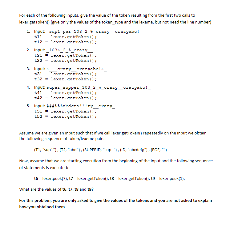 Solved Problem 1. Consider the following list of tokens over | Chegg.com