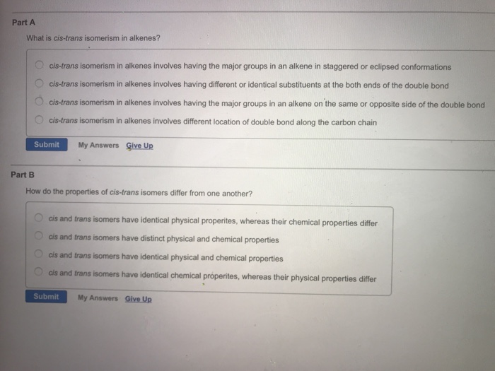 Solved Part A What Is Cis Trans Isomerism In Alkenes