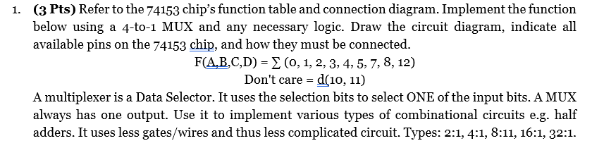 1. (3 Pts) Refer to the 74153 chip's function table | Chegg.com