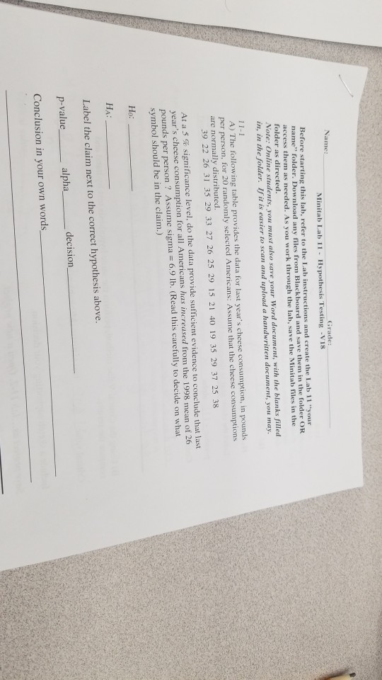 Solved Minitab Lab 11 Hypothesis Testing V18 Starting This 3585
