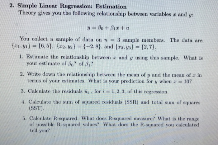 Solved 2. Simple Linear Regression: Estimation Theory gives | Chegg.com